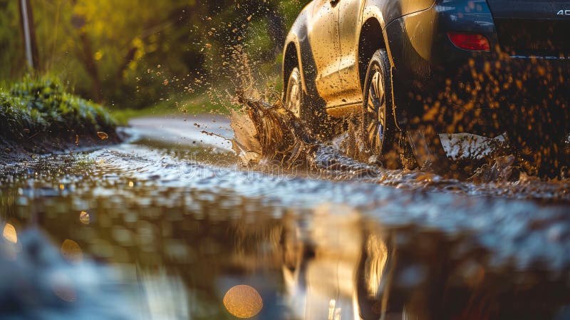 Car Driving through Water Puddle, Splashing and Creating a Dramatic ...