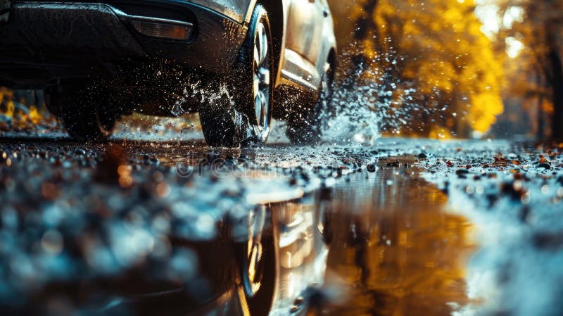 Car Driving through Water Puddle Stock Image - Image of weather ...