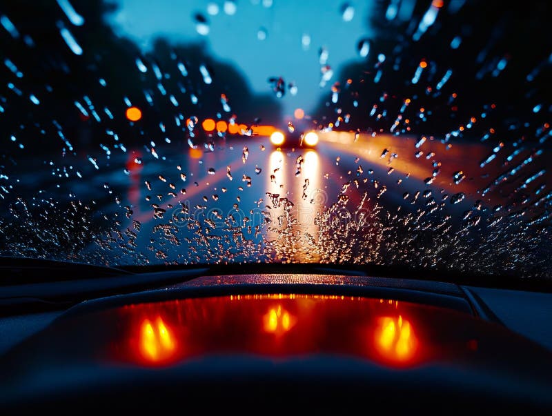 A Car Driving on a Wet Road at Night with Raindrops on the Windshield ...