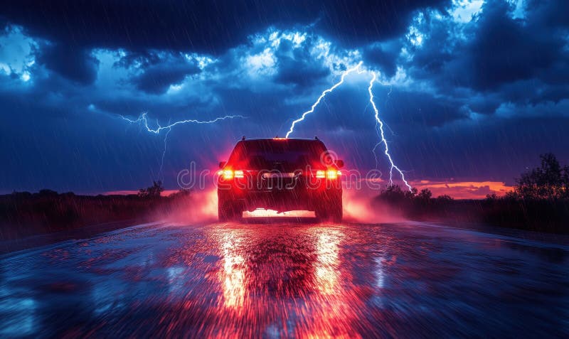 Car Driving Wet Road Thunderstorm Dramatic Lightning Rain Stock Photos - Free & Royalty-Free ...