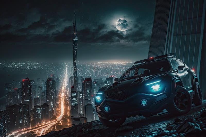 Car on the Edge of a Skyscraper Roof with a Beautiful. Generative AI ...