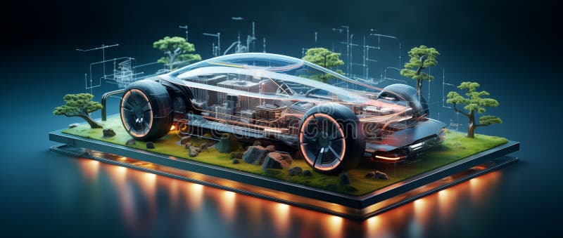 Car with Electric Motor and Battery on the Platform Surrounded by Trees ...