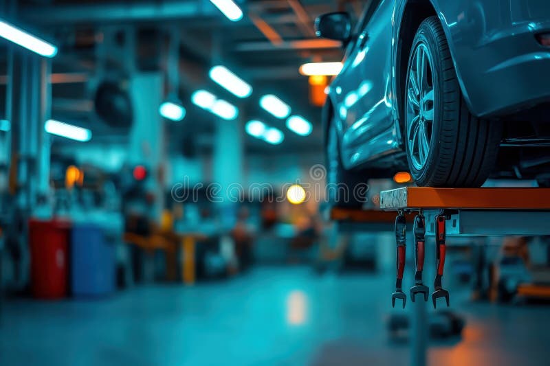 A Car Elevated on a Lift in a Well-lit Automotive Workshop Stock ...
