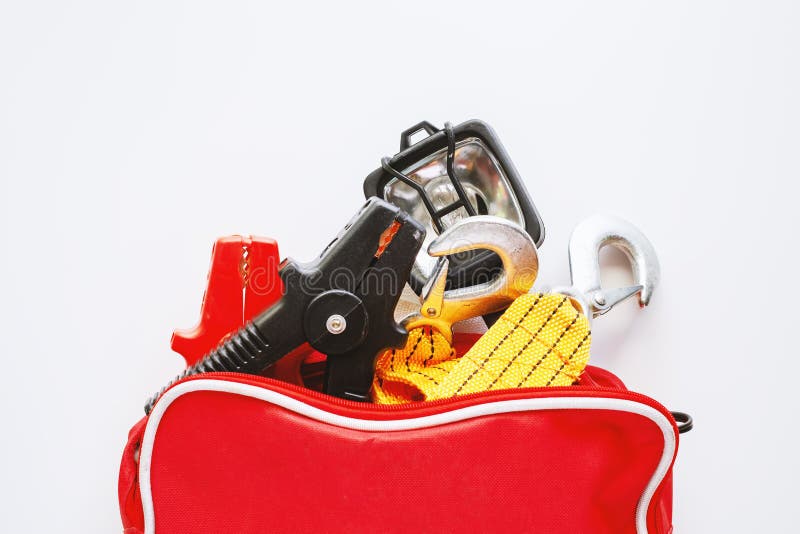 Car Emergency Kit on White Background Stock Image - Image of cable ...