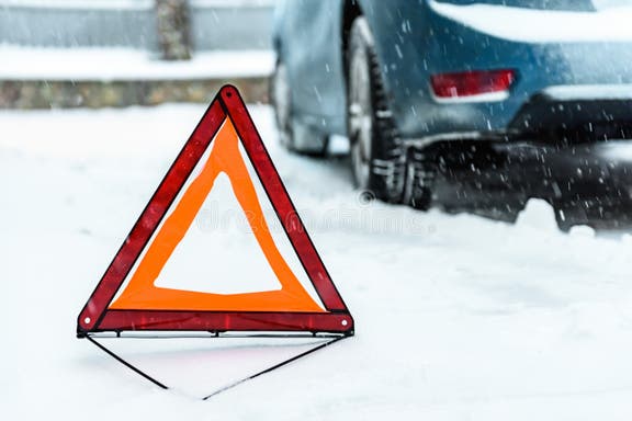 Car Emergency Sign with Broken Car in Winter. Stock Photo - Image of ...