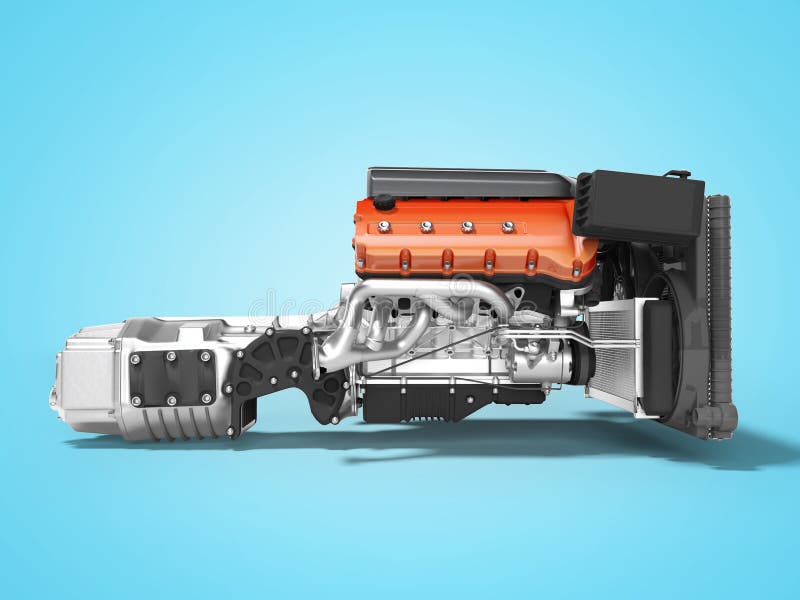 Car Engine with Air Filters with Gearbox Side View 3d Render on Blue ...