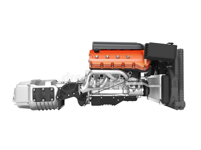 Car Engine with Air Filters with Gearbox Side View 3d Render on White ...