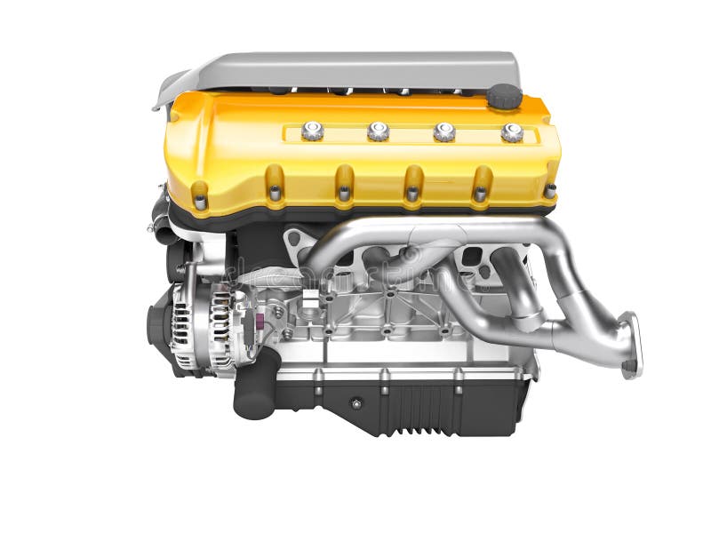 Car Engine Cast Iron Yellow with Starter Left View 3d Render on White ...