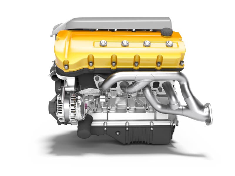 Car Engine Cast Iron Yellow with Starter Left View 3d Render on White ...