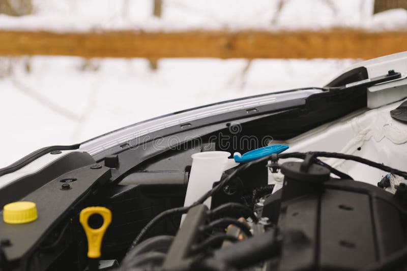 Car Engine Closeup with Copy Space. Outdoor Photo in Winter Stock Photo ...