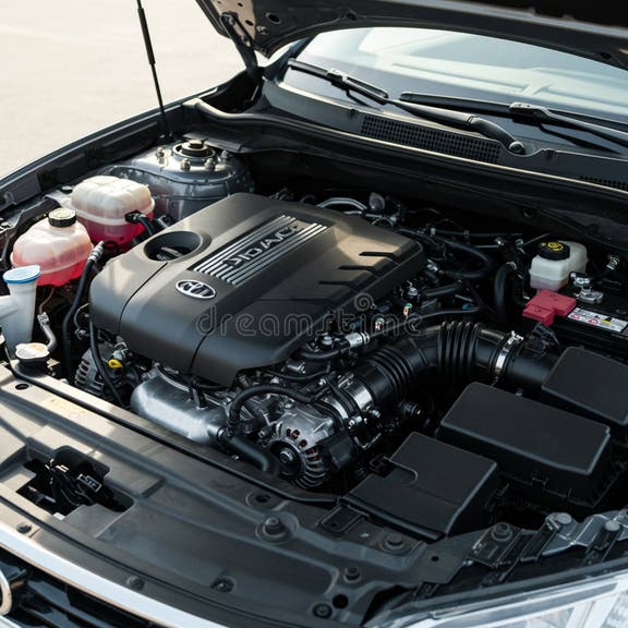 Car Engine Compartment with a Black Engine Cover Prominently Displaying ...
