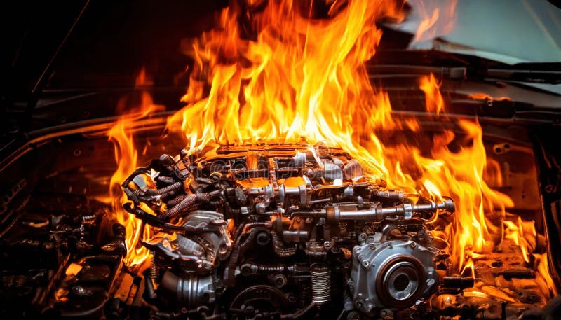 Car Engine Engulfed in Flames during a Fire Emergency in a Garage Stock ...