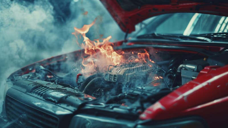 A Car Engine Engulfed in Flames with Smoke Billowing Out Representing ...