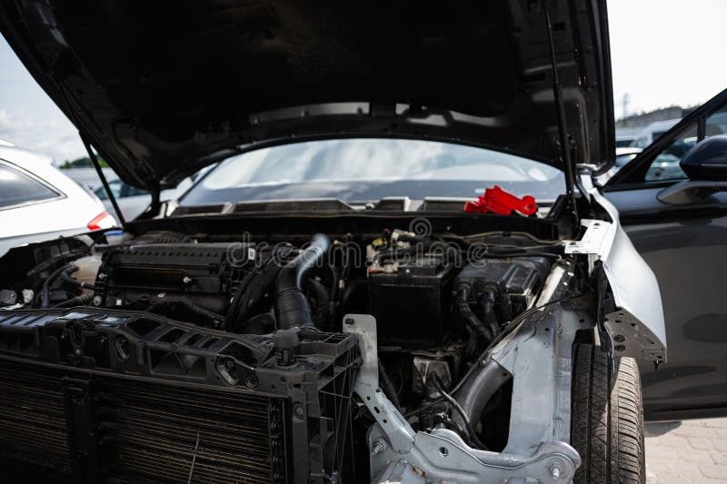 Car Engine Exposed with Visible Components in a Repair Setting Stock ...