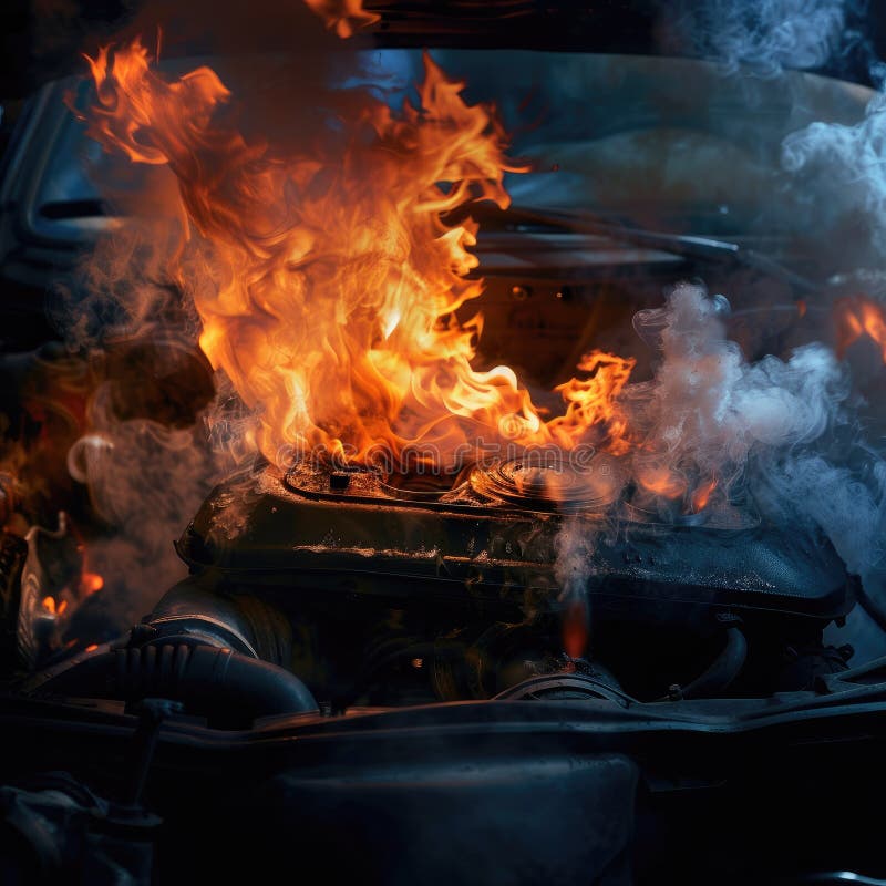 Car Engine Fire Danger and Destruction a Closeup View of a Car Engine ...