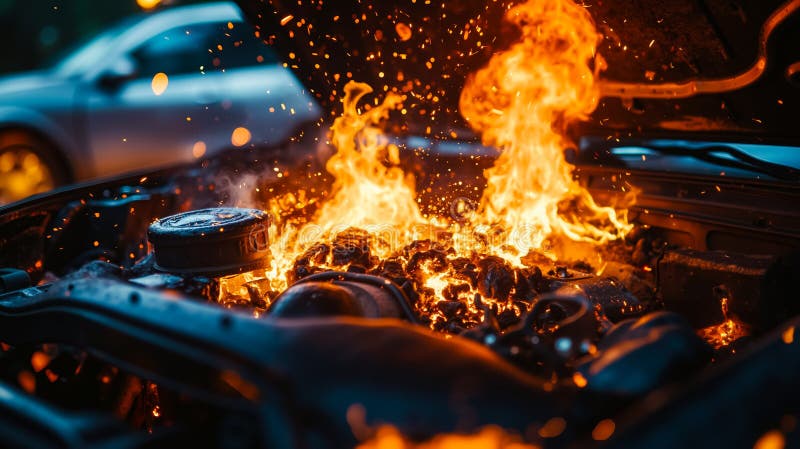 A Car Engine on Fire with the Hood Open Stock Image - Image of ...