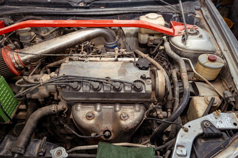 Car Engine in Garage with Open Bonnet Dust and Rust Stock Image - Image ...