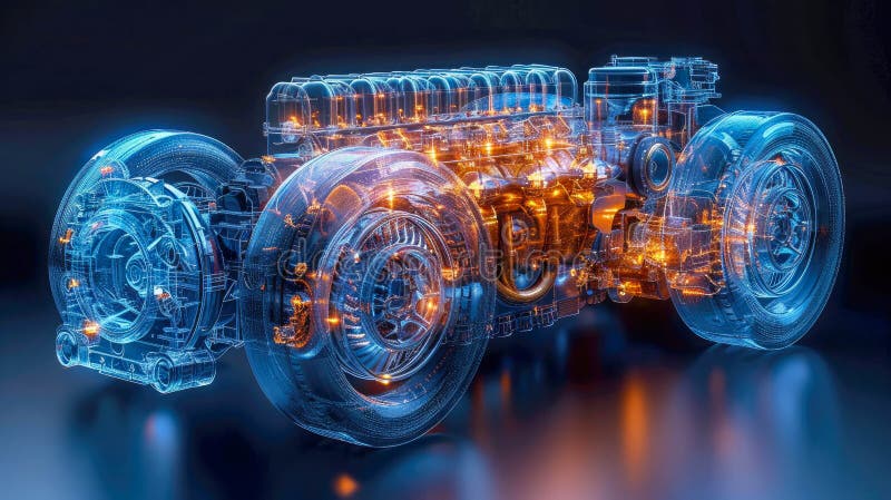 A Car Engine with Glowing Lights on a Black Background Stock ...