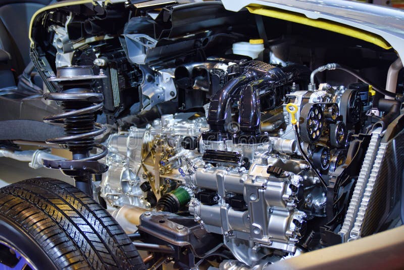Car Engine Interior and Wheel Suspension Spring Stock Image - Image of ...