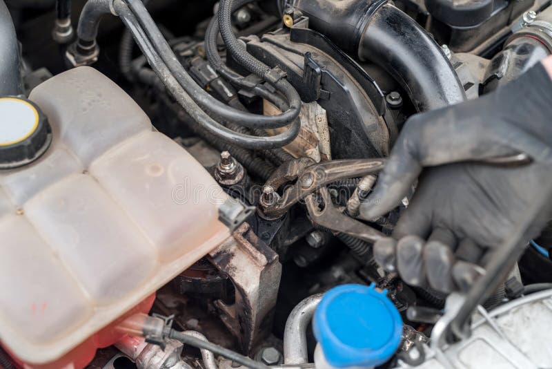 Car Engine, Male Hand and Tool Fixing Nut Stock Image - Image of auto ...