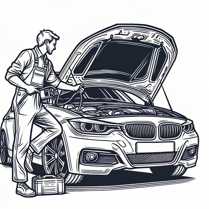 Car Engine Repair by Mechanics: Mechanics Fixing Engine in Line Art ...