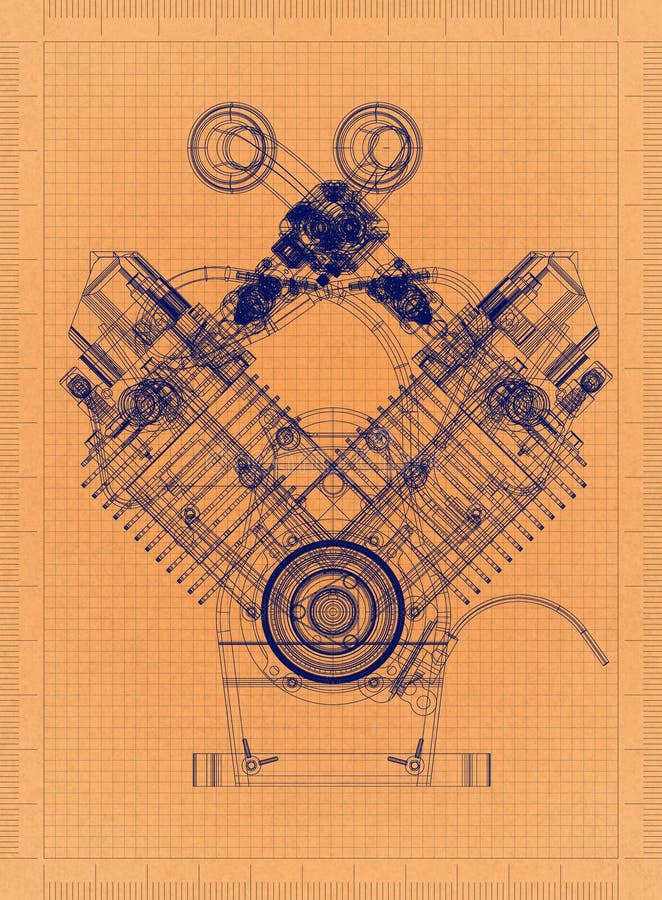Car Engine - Retro Blueprint Stock Illustration - Illustration of ...