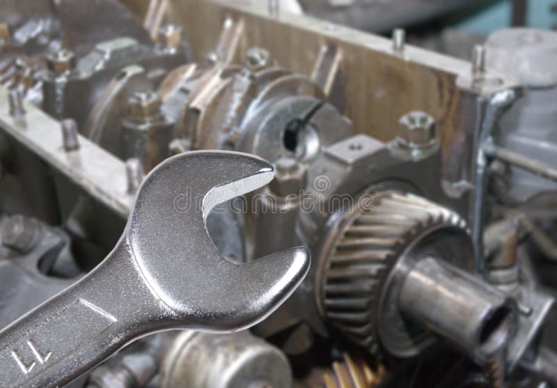 Car Engine and Spanner. Focus on Spanner Stock Photo - Image of ...