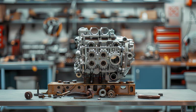 Car Engine on Table and Car Being Repaired on Lift on Blurred ...