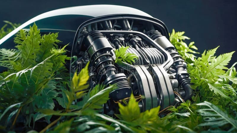 A Car Engine on White Background with Green Leaves Stock Photo - Image ...