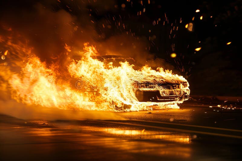 Car Engulfed in Flames Against Night Sky Stock Image - Image of risk ...