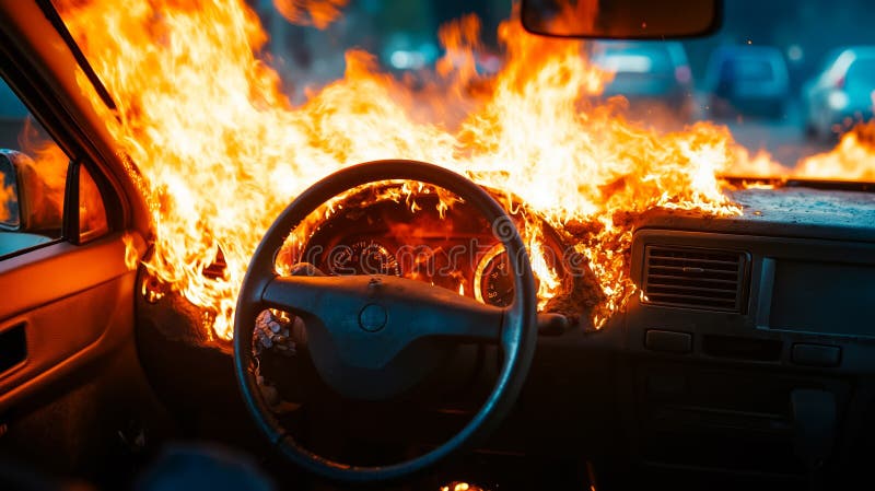 A Car is Engulfed by Flames on the Dashboard of a Car Stock Image ...