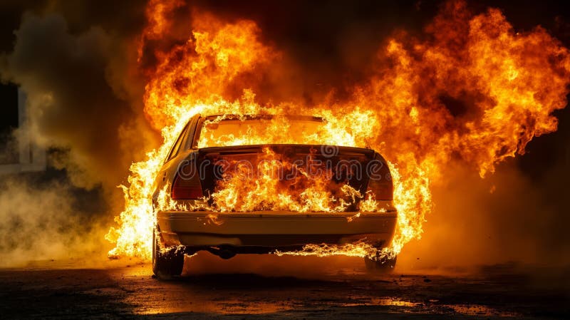 A Car is Engulfed by Flames on the Side of the Road Stock Photo - Image ...