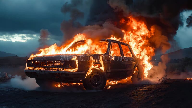 A Burnt Out Car on Fire in the Middle of a Desert Stock Footage - Video ...