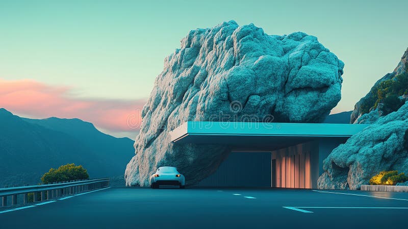 Car Entering Futuristic Mountain Garage at Sunset Stock Image - Image ...