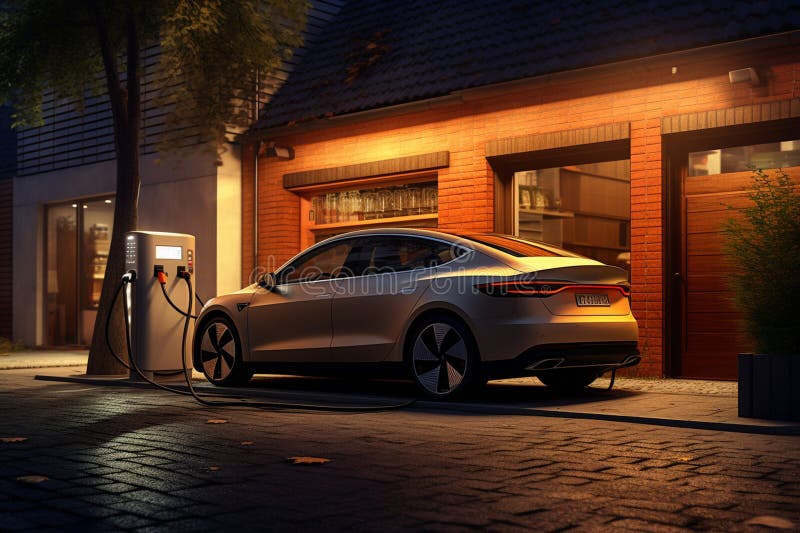 A Car with an Ev Charger Outside a Garage with Generative AI Stock ...
