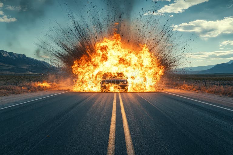 Car Exploding on a Desert Road Creating a Large Fireball and Debris ...