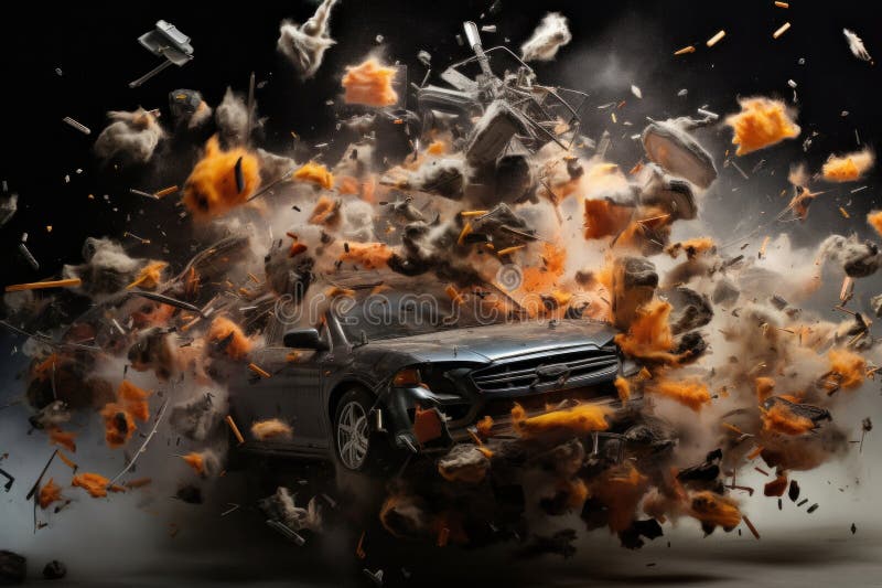 A Car Exploding into Pieces, Its Fragments Scattering in a Fiery Blast ...