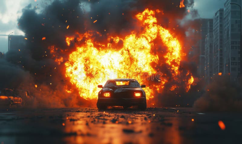 Car Explosion in Urban Setting, Dramatic Fireball, Smoke, Debris ...