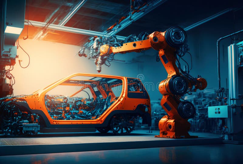 Car Factory Assembly Line with Automatic Robotic Arms Working ...