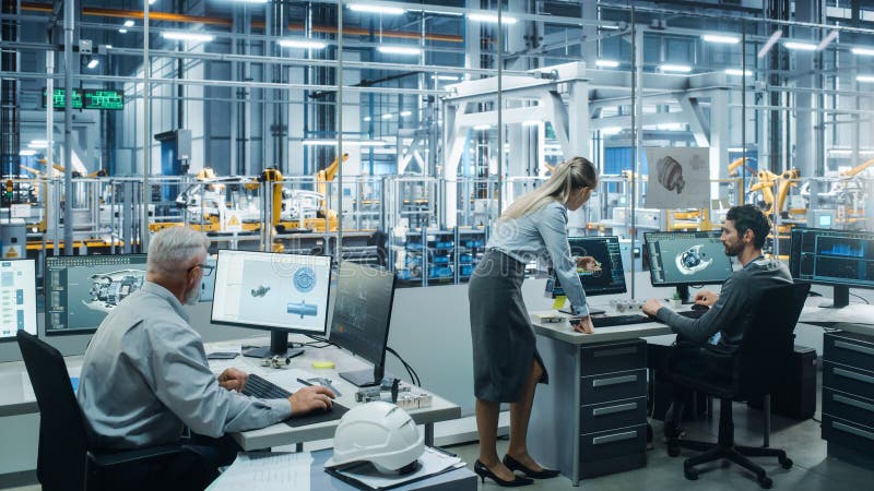 Car Factory Office: Engineer Working on Turbine Prototype on Computer ...