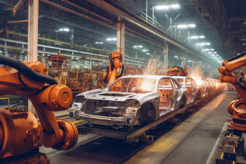 Car Factory with Robotic Arms at Assembly Line. Generative AI Stock ... Car Factory with Robotic Arms at Assembly Line. Generative AI Stock ...