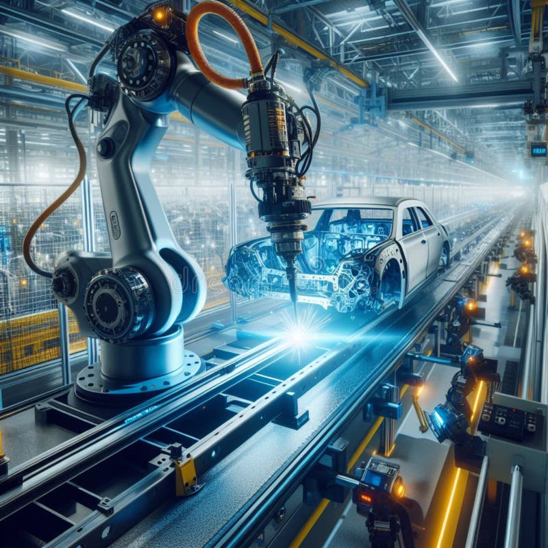 A Car in a Factory with Some Robots Moving it on the Assembly Line ...
