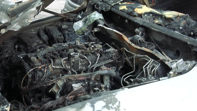 Burnt Out Car with an Open Hood. Stock Video - Video of arson, road ...