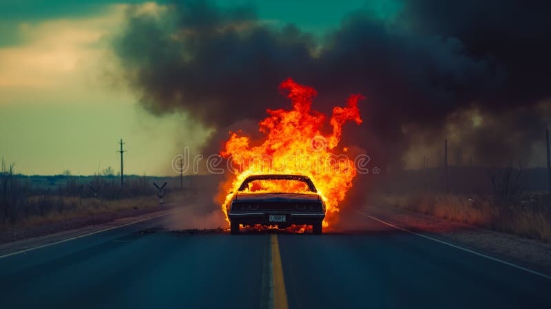 A Car on Fire on the Side of the Road Stock Image - Image of dark ...