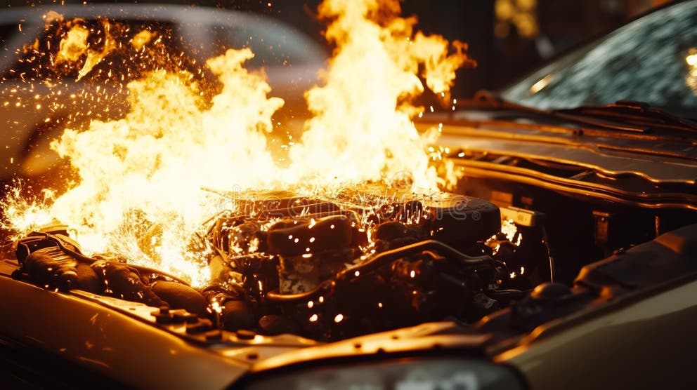 A Car on Fire with the Hood Open on Fire Stock Image - Image of flame ...
