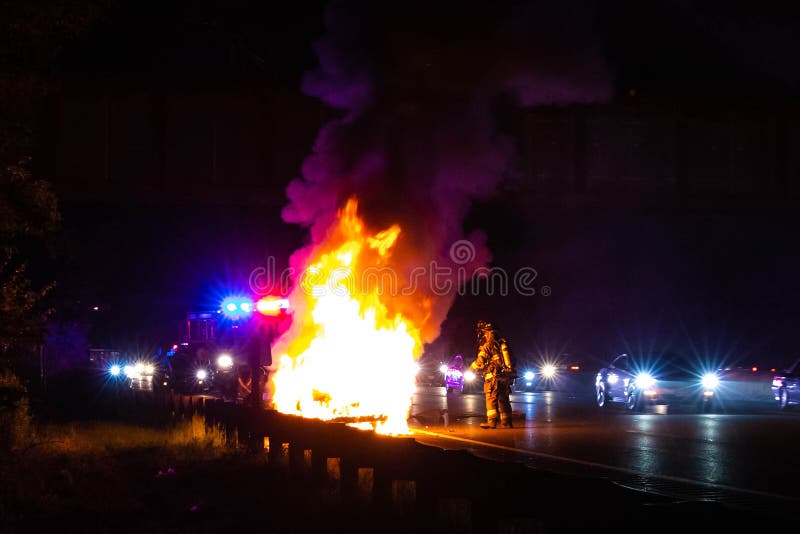 Car on Fire Night Accident on the Highway Road Stock Image - Image of ...