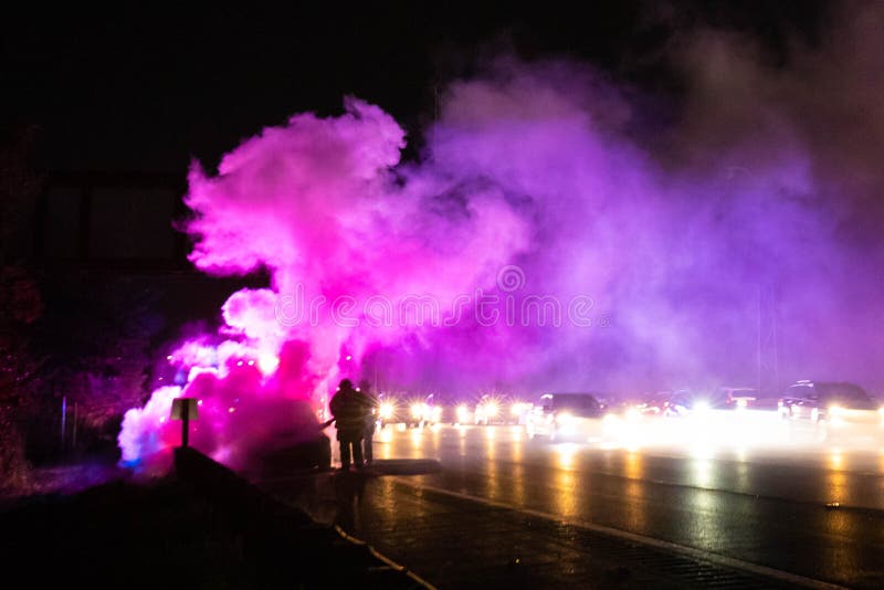 Car on Fire Night Accident on the Highway Road Stock Image - Image of ...