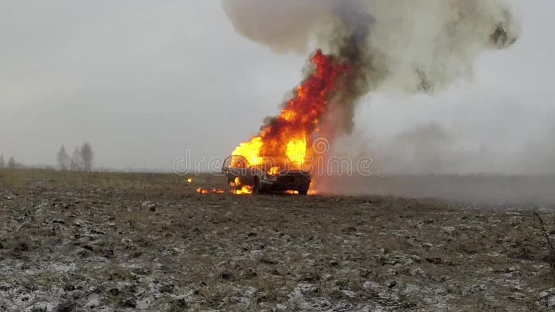 Car Explosion in the Field. Car on Fire. Slow Motion Stock Footage ...