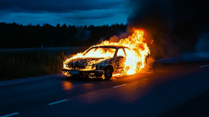 A Car on Fire on the Side of the Road Stock Illustration - Illustration ...