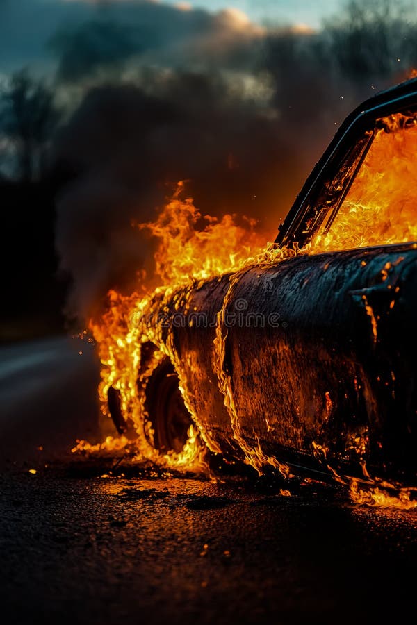 A Car on Fire on the Side of the Road Stock Illustration - Illustration ...